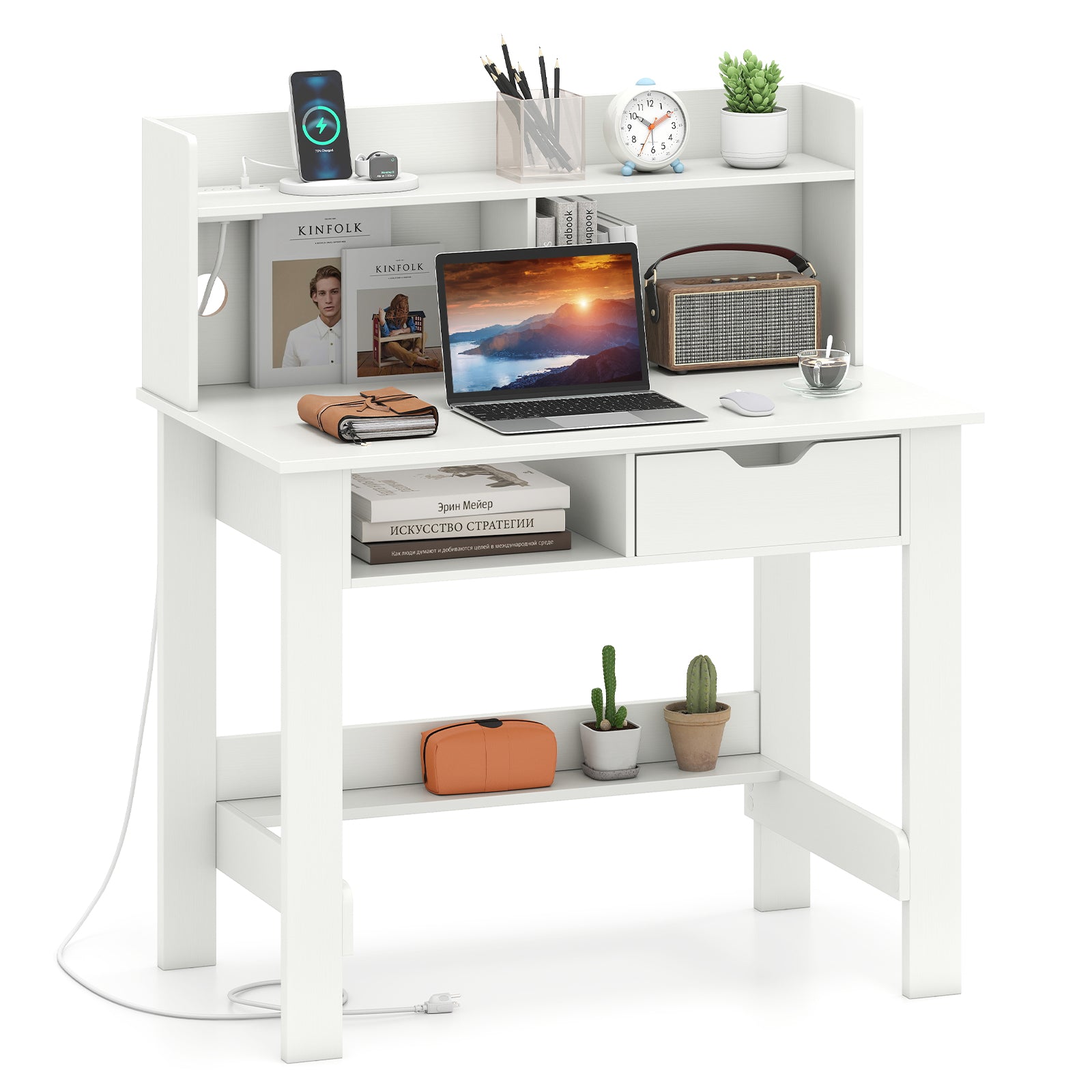 Giantex White Computer Desk with Hutch, Home Office Desk with Power Ou ...