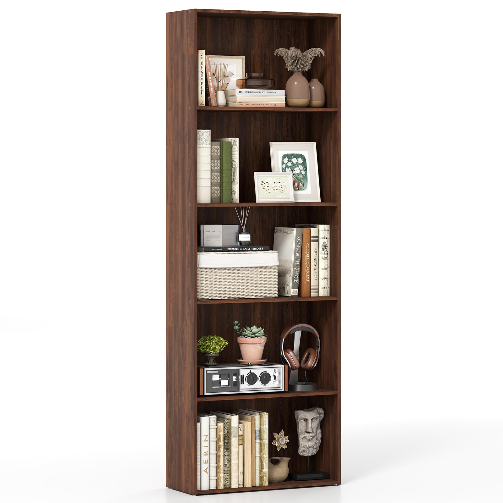 Giantex 5-Tier Bookshelf Freestanding Tall Bookcase with 5 Open Compar ...