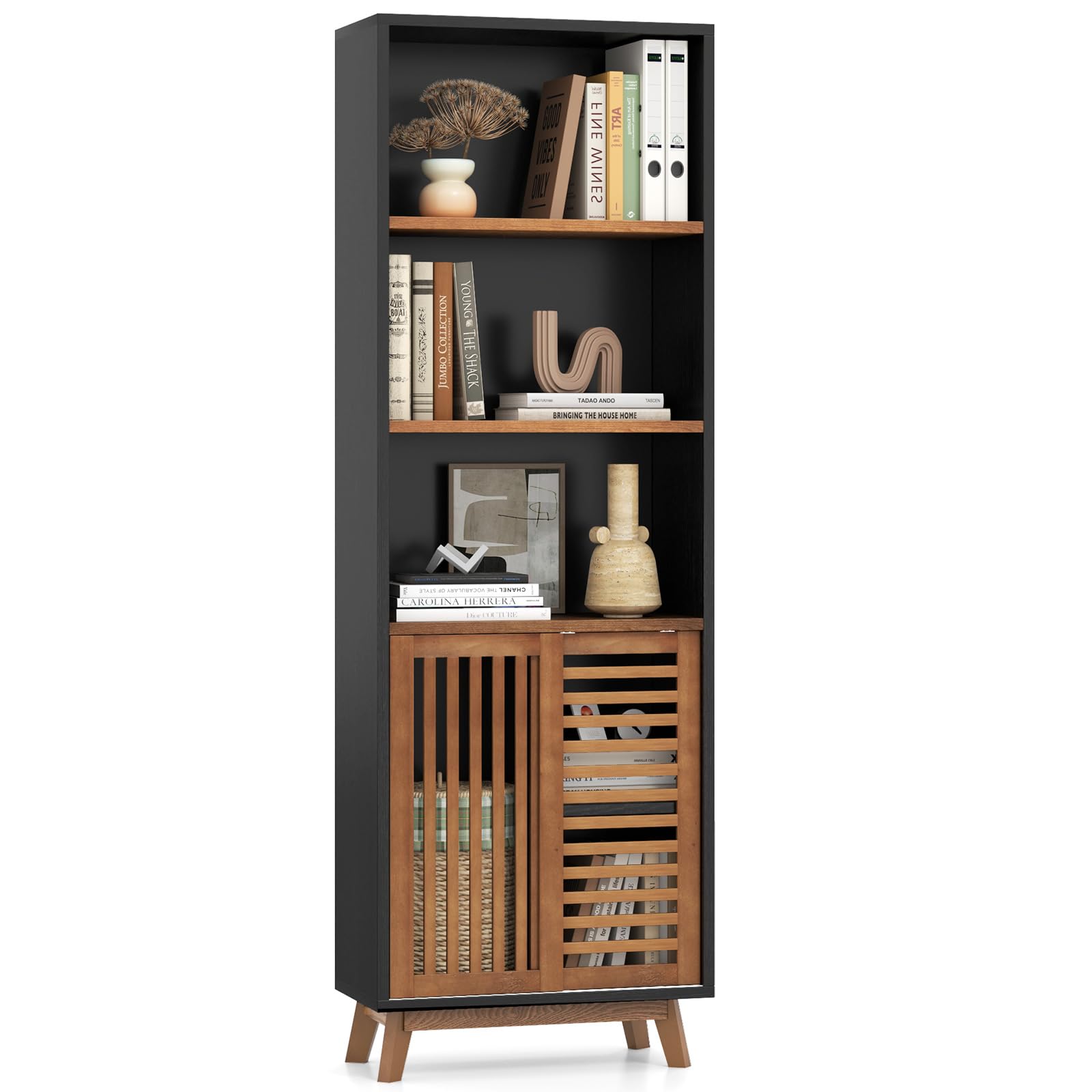 Giantex 70" Bookcase with Sliding Doors 5-Tier Tall Bookshelf with Rev ...