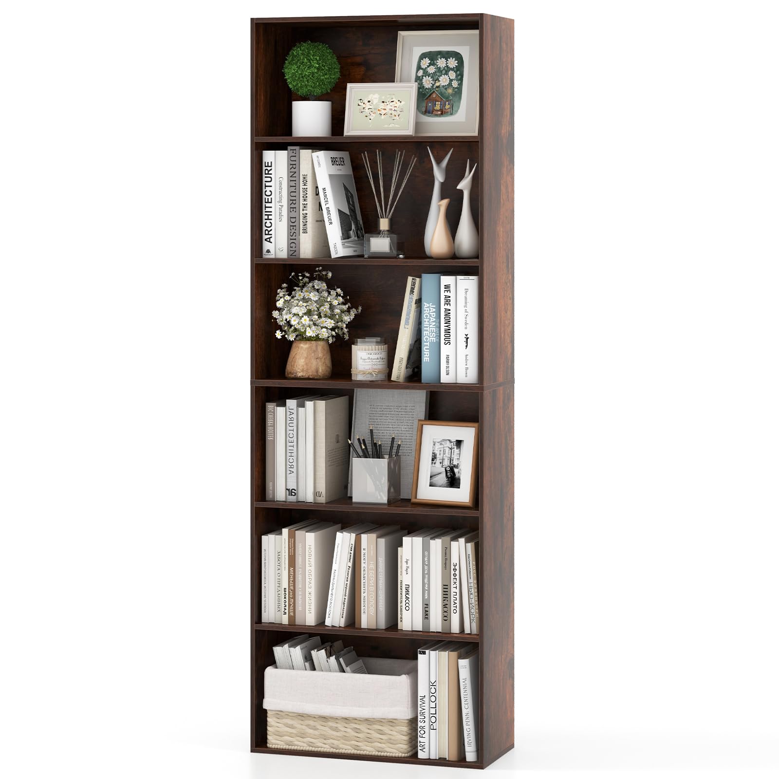 Giantex 6-Tier Bookcase, 70" Tall Wooden Bookshelf, Freestanding Stora ...