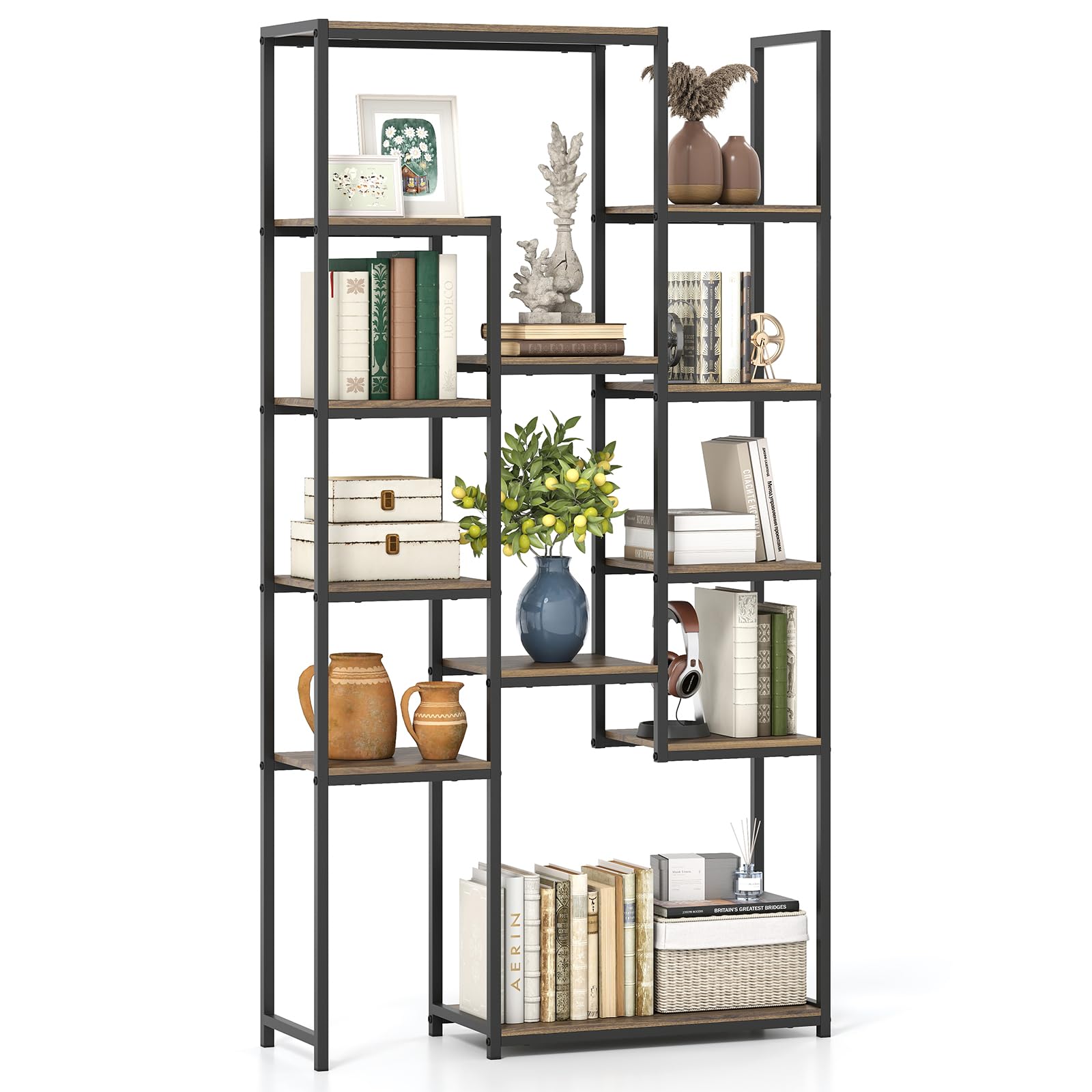 Giantex 71" Geometric Bookshelf | Vintage Tall Bookcase w/ 12 Open She ...