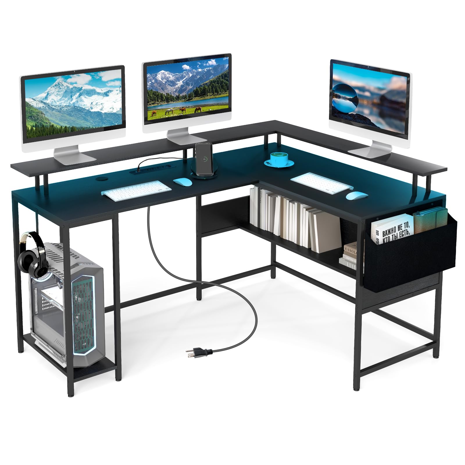Giantex L Shaped Desk with LED Light & Power Outlets Ergonomic Home Of ...
