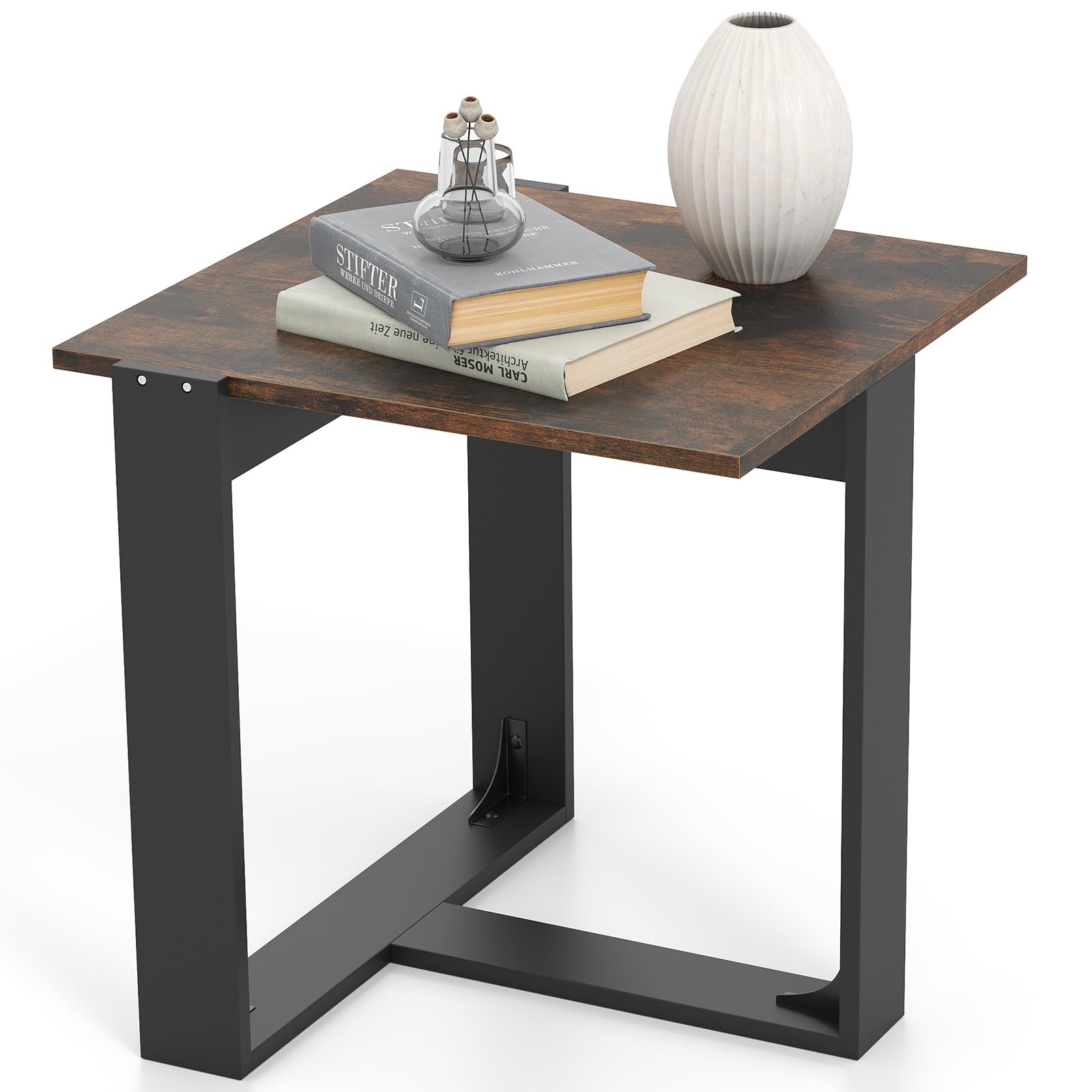 Giantex Rustic Brown Square Industrial Side Table w/T-Shape Metal Fram ...
