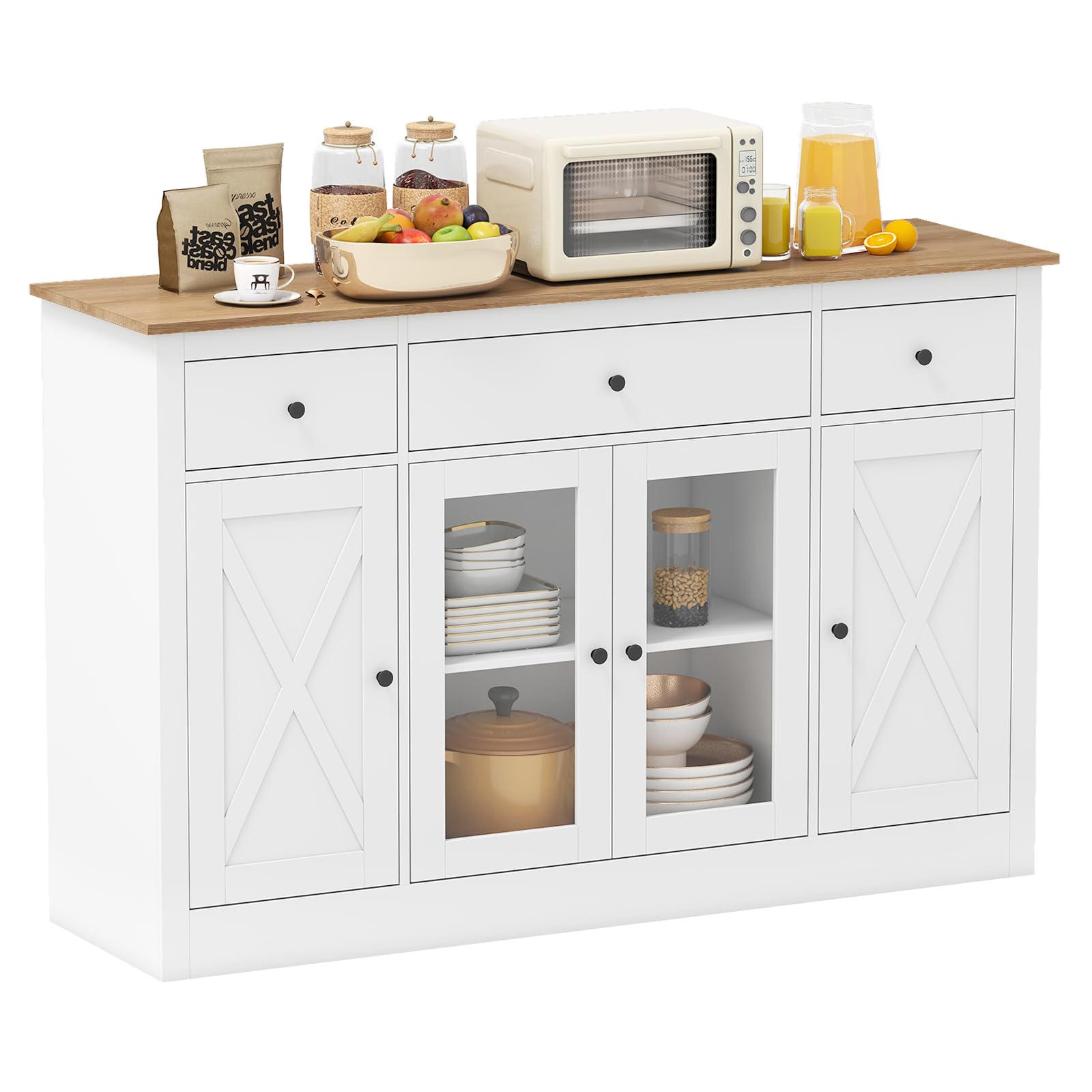 Giantex 55" Large Buffet Sideboard with 3 Drawers & 2 See-Through Door ...