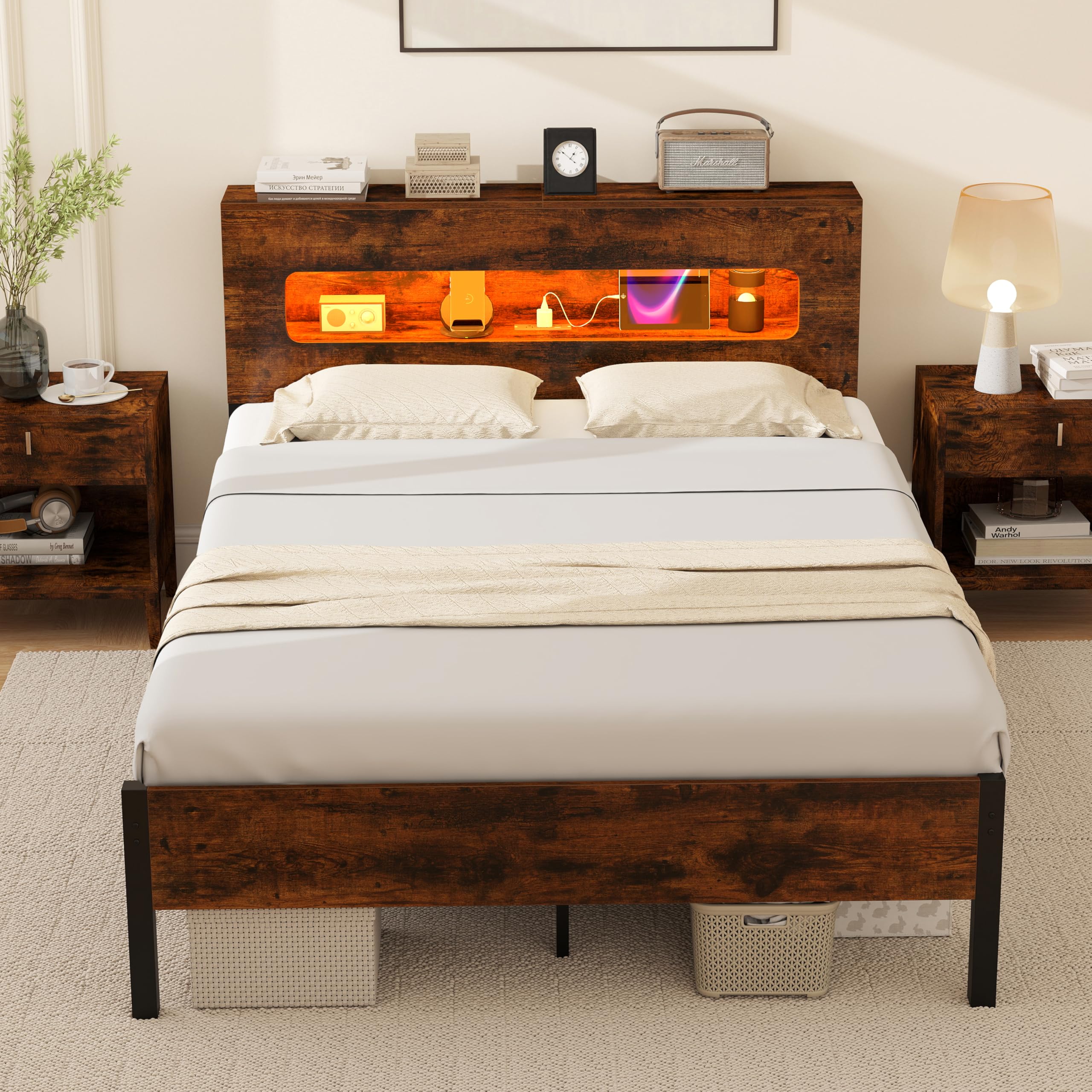Giantex Full Size Bed Frame with LED Lights & Charging Station – Giantexus