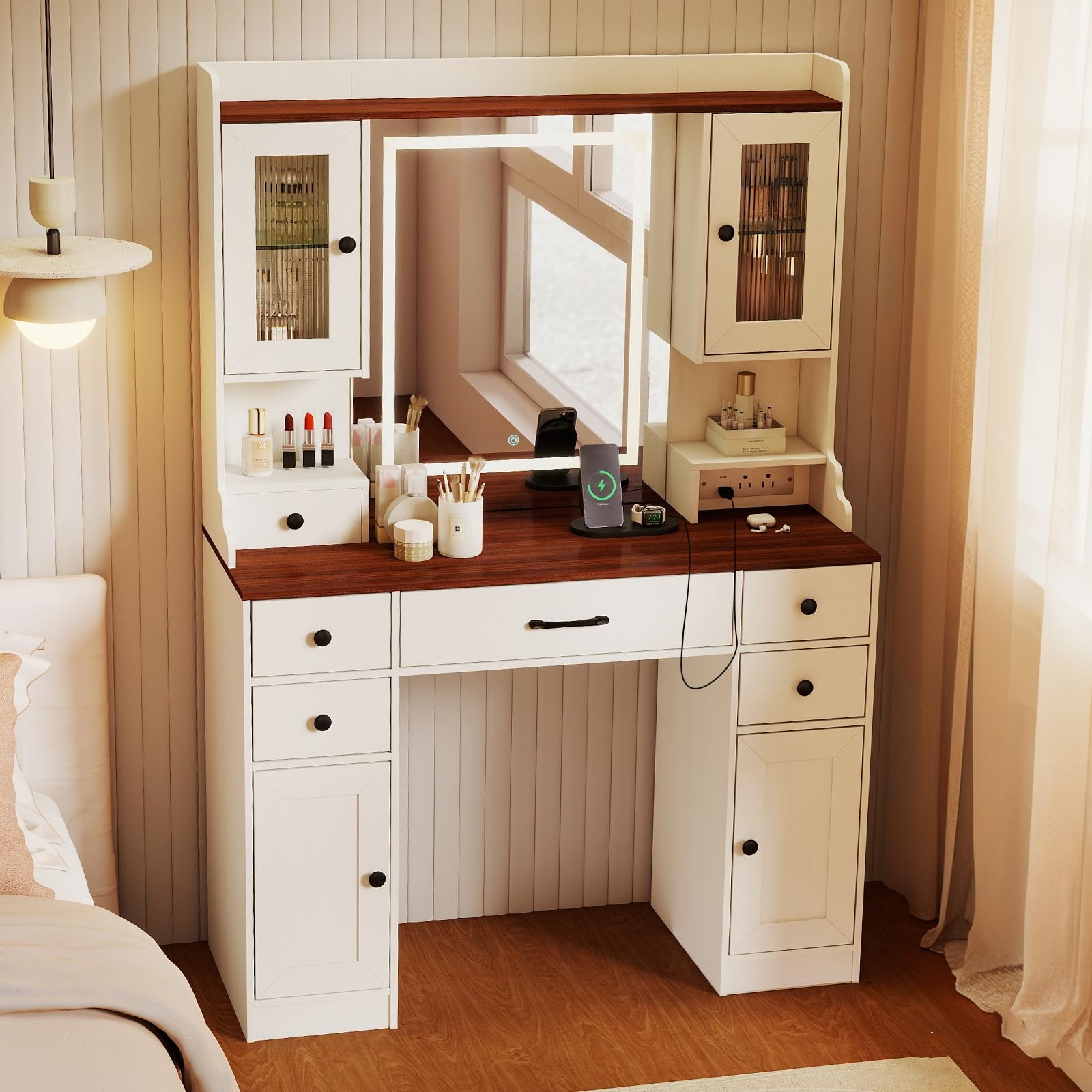 CHARMAID 41.5 Inch Makeup Dressing Table with Power Outlets and 3 Colo ...