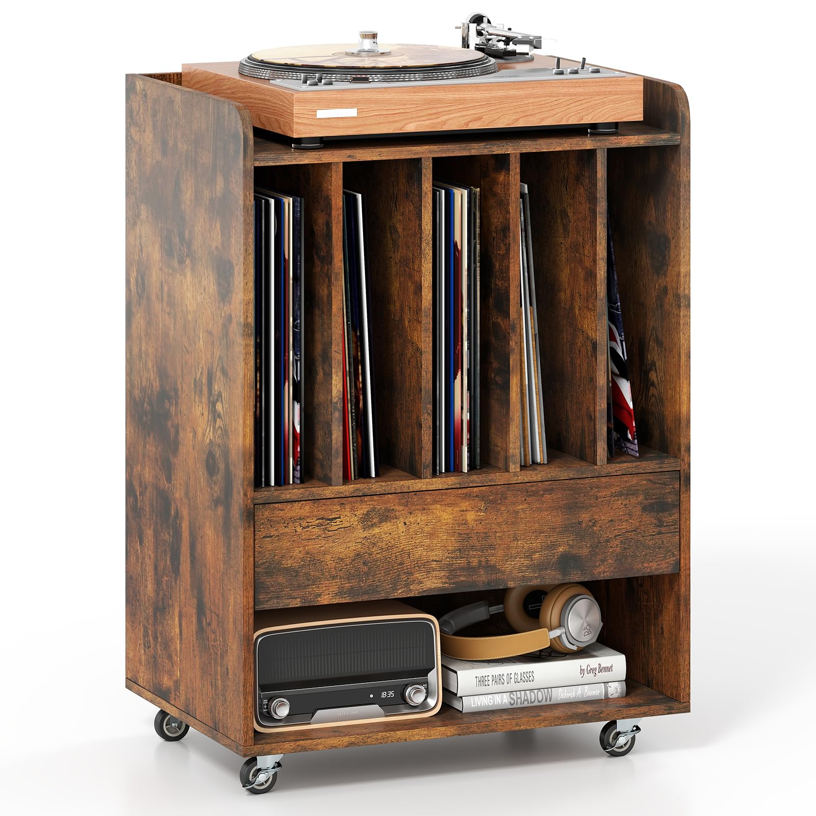 Giantex Record Player Stand Rolling Turntable Stand with Drawer & Lock ...